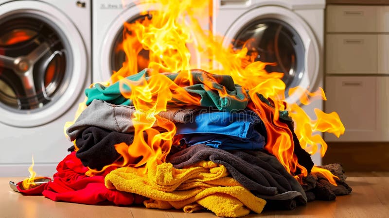 A Pile of Clothes on Fire in Front of a Washing Machine Stock Image ...