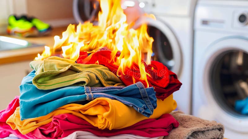 A Pile of Clothes on Fire in Front of a Washing Machine Stock Video ...