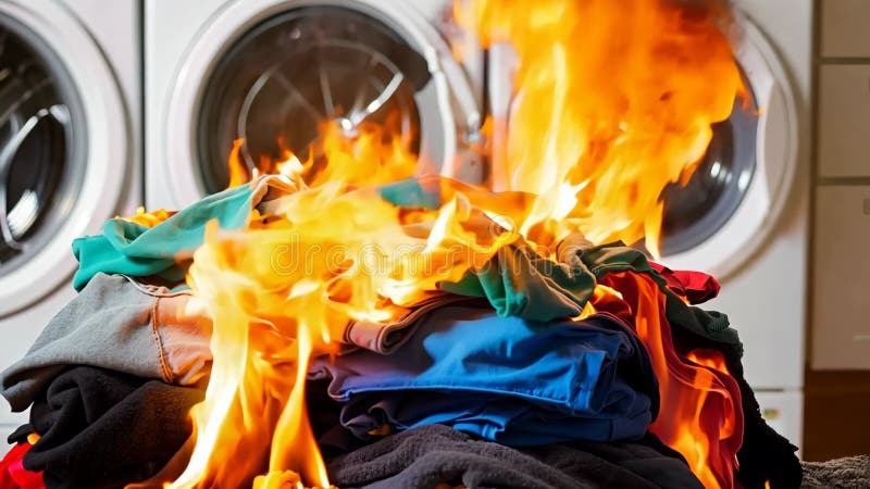 A Pile of Clothes on Fire in Front of a Washing Machine Stock Video ...