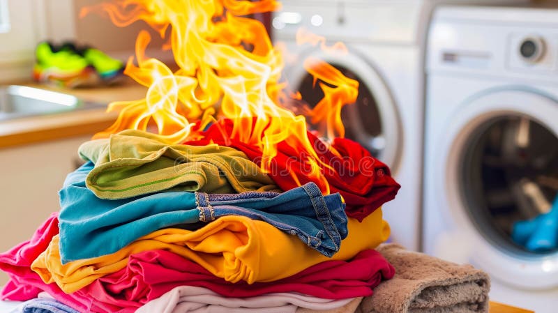 A Pile of Clothes on Fire in Front of a Washing Machine Stock Image ...