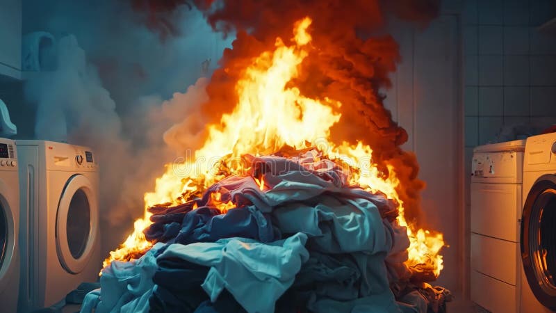 A Pile of Clothes on Fire in a Laundry Room Stock Footage - Video of ...