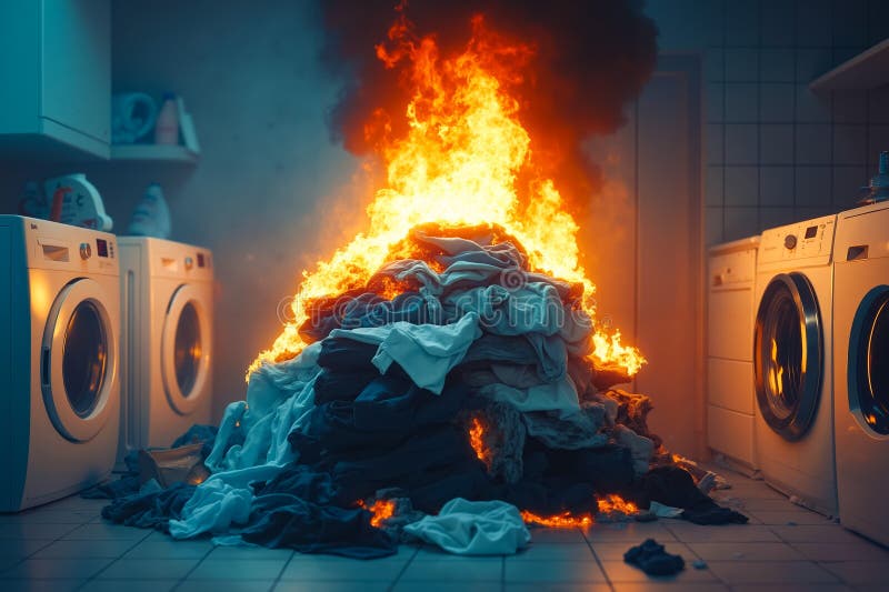 A Pile of Clothes on Fire in Front of a Washing Machine Stock Image ...