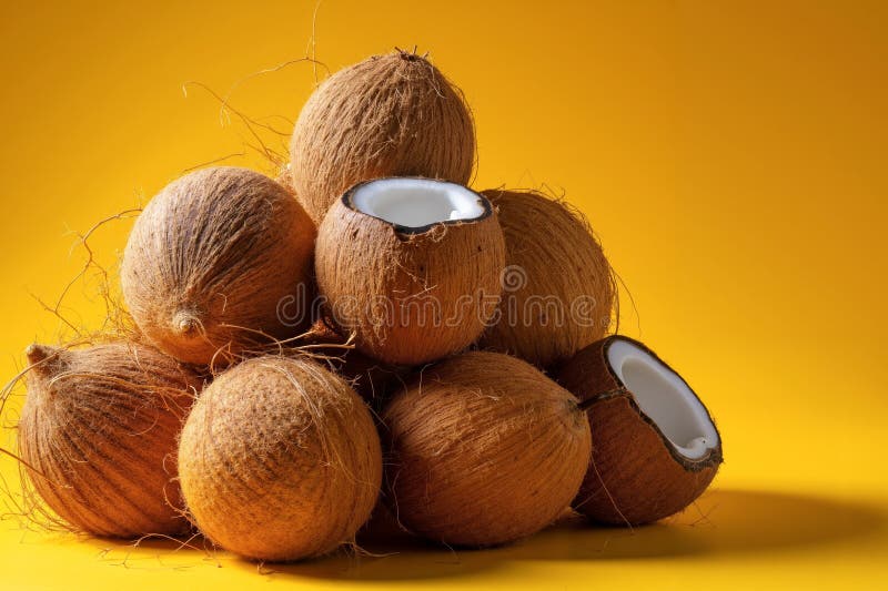 A Pile of Coconuts on a Yellow Background Stock Image - Image of yellow ...