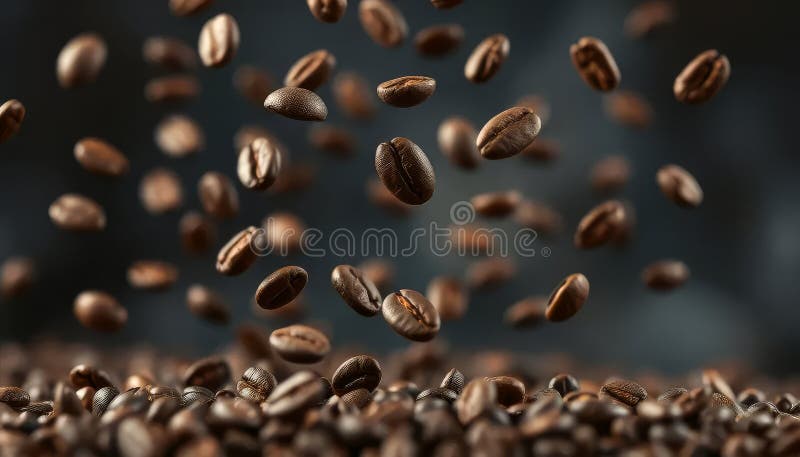 Falling Coffee Beans Over Ground Pile Brown Background Stock Photos ...
