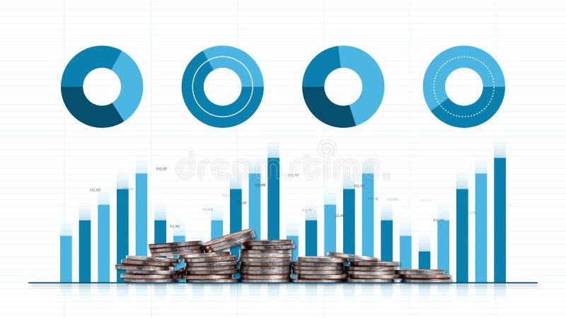 A Pile of Coins with a Bar Graph and Circular Graphs. Stock Footage ...