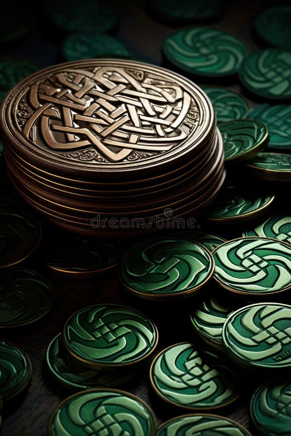 A Pile of Coins with a Celtic Design on Them, AI Stock Image - Image of ...