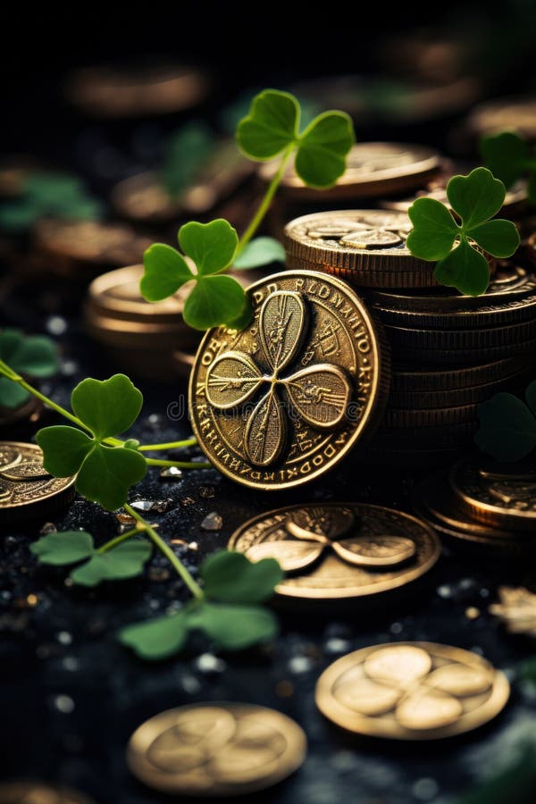 A Pile of Coins and Clover Leaves on a Table, AI Stock Illustration ...