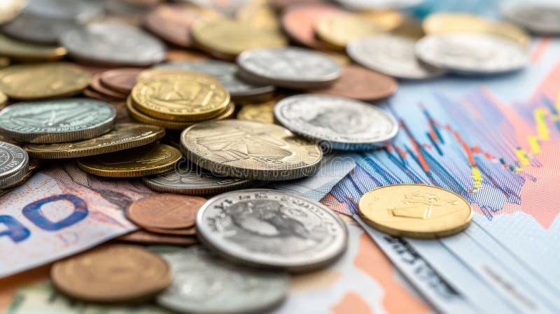 A Pile of Coins and Currency on a Table with Some Bills, AI Stock Photo ...