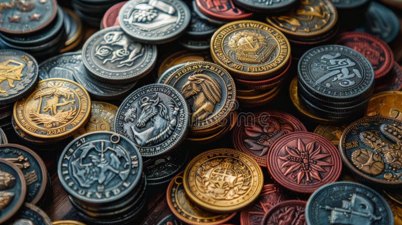A Pile of Coins with Different Designs and Colors Stock Image - Image ...