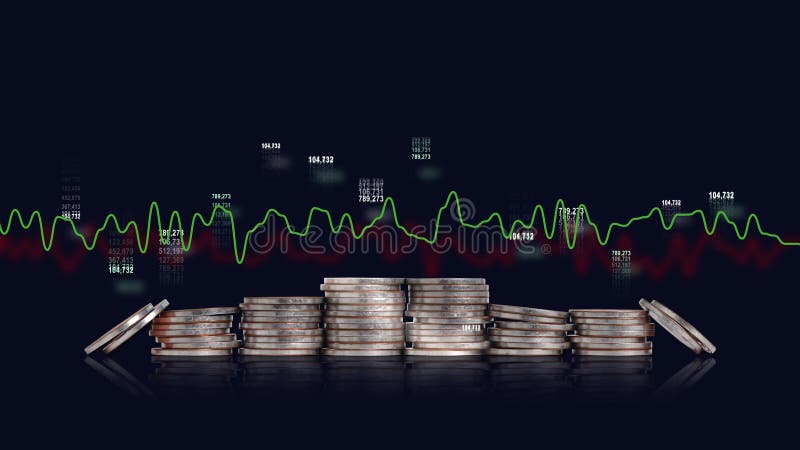 Pile of Coins and Linear Graph with Rapidly Changing Number. Stock ...