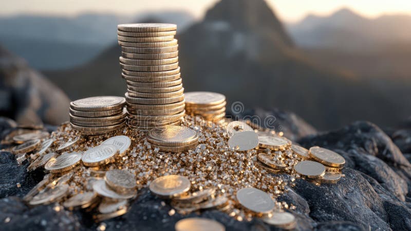 A Pile of Coins Rests on a Rock with Majestic Mountains in the ...