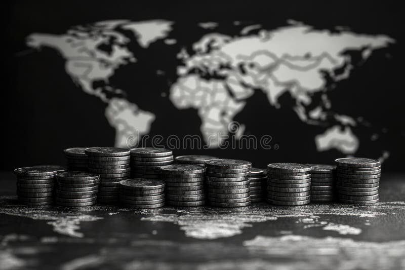 A Pile of Coins is on a Table in Front of a Map of the World Stock ...