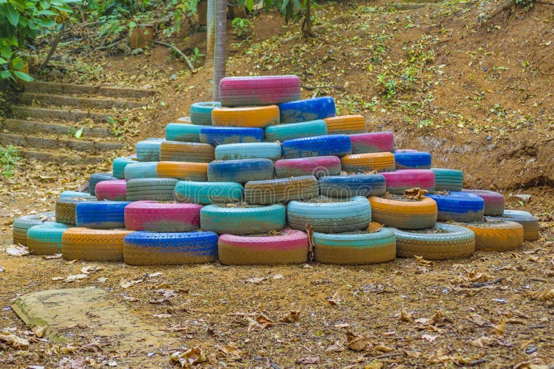 Pile of Colored Tires at Nature Stock Image - Image of tires, used ...