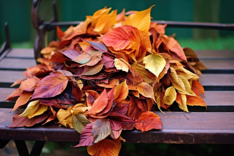 Pile of Colorful Autumn Leaves on Park Bench Stock Photo - Image of ...