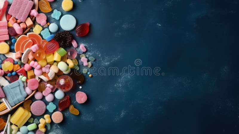 A Pile of Colorful Candy on a Blue Surface with a Spoon Stock ...
