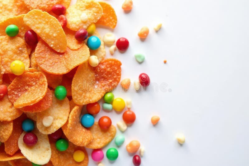 Pile of Colorful Candy, Chips, and Soda on White , Delicious, Chips ...