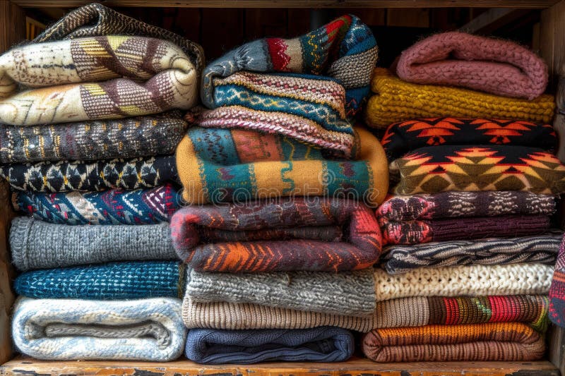 A Pile of Colorful, Folded Blankets Stacked Neatly in a Rustic Wooden ...