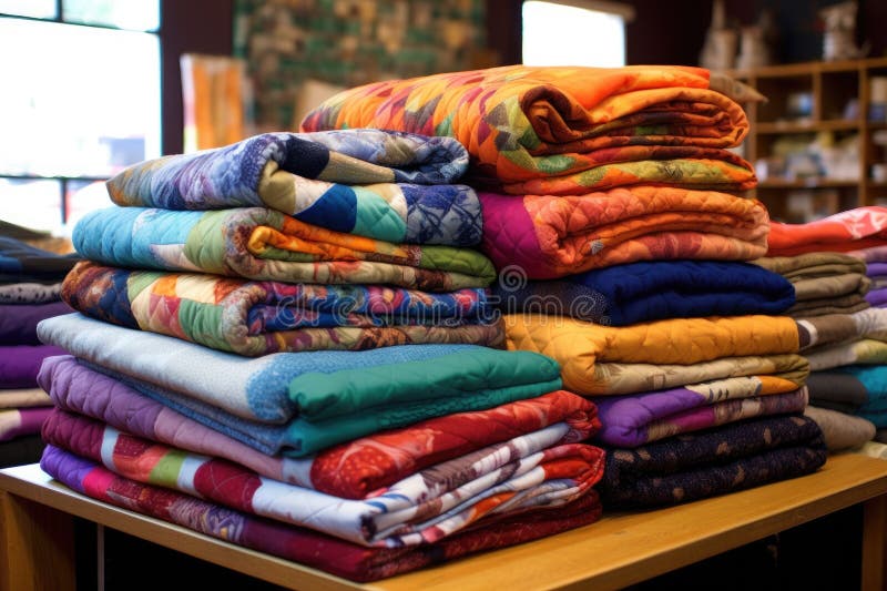 A Pile of Colorful, Handmade Quilts in a Textile Shop Stock Image ...
