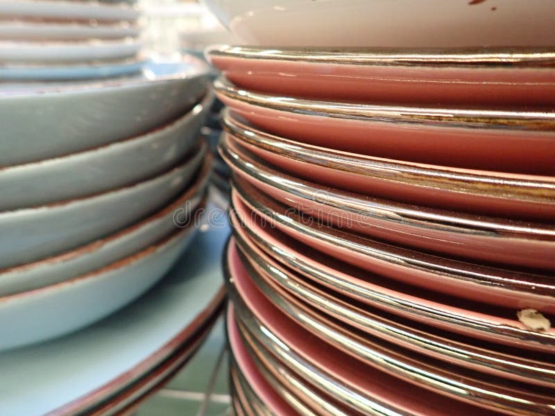 Pile of Colorful Plates in Kitchen Stock Image - Image of closeup ...