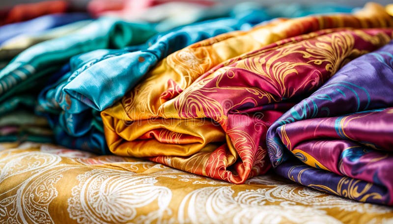 Pile of Colorful Silk Fabrics with Patterns and Varying Shades are ...