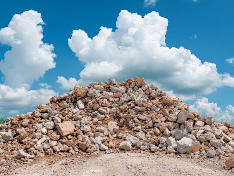 Pile of Construction Debris and Rubble Under Bright Blue Sky ...