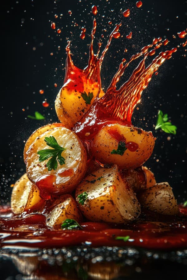 A Pile of Cooked Potatoes Topped with Ketchup and Sauce Stock Image ...