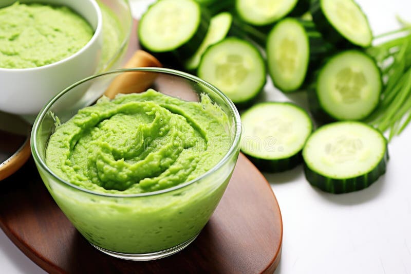 A Pile of Cucumber Slices Next To a Bowl of Cucumber Paste Stock Photo ...