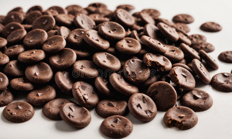 A Pile of Dark Chocolate Discs Sits on a White Surface Stock Photo ...