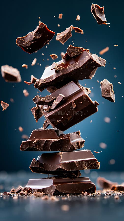 A Pile of Dark Chocolate Pieces Falling into the Air Stock Photo ...
