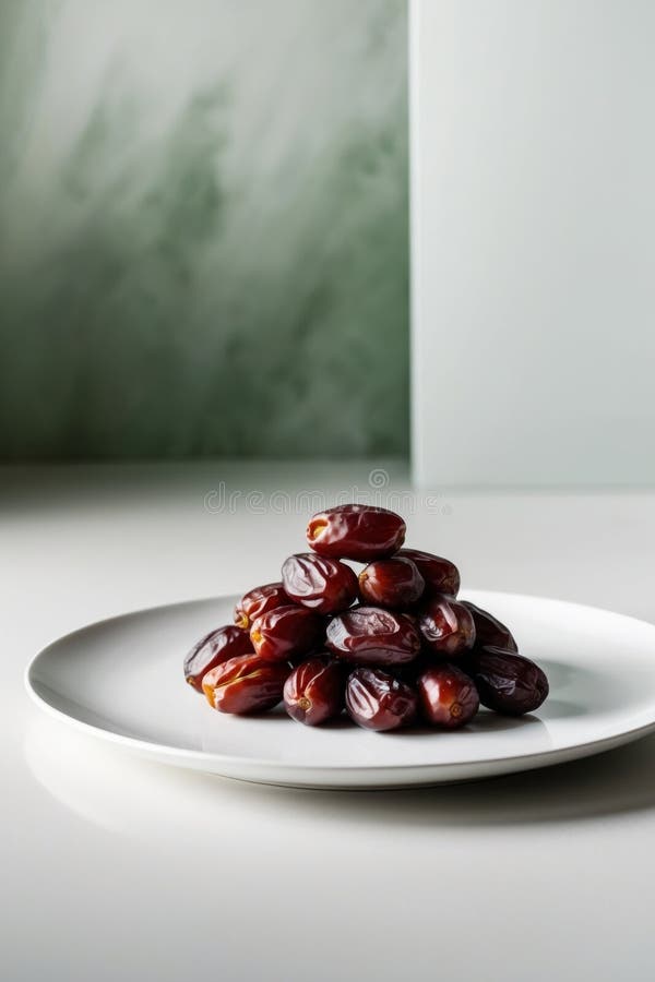 Pile of Dates on White Plate with Blurred Green Background. Stock Photo ...
