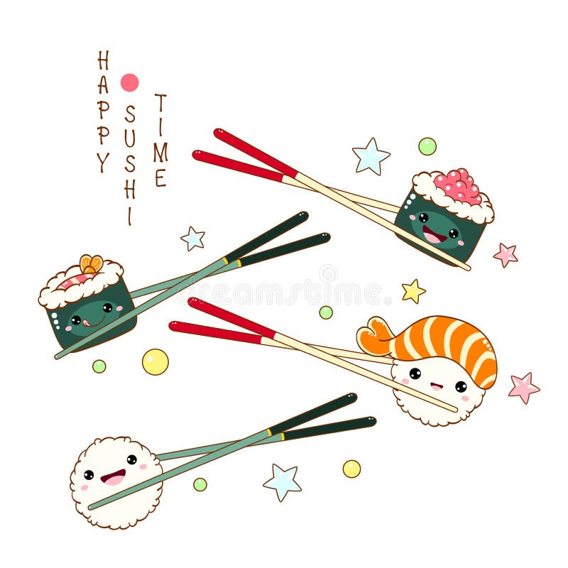 Pile De Sushis Mignons Et Rouleaux En Style Kawaii Avec Des Visages Souriants Cuisine Japonaise
