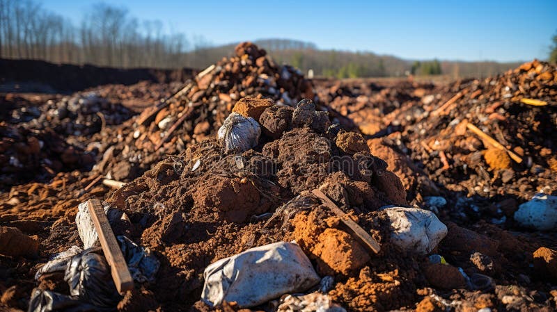 A Pile of Debris and Construction Waste Sits in a Field, with a Forest ...