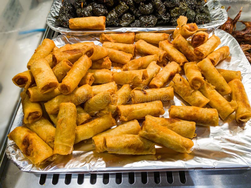 Pile of Deep-fried Spring Rolls on Food Tray at Hypermarket Stock Image ...