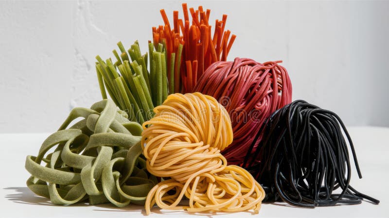 A Pile of Different Colored Noodles Sitting on Top of a Table, AI Stock ...