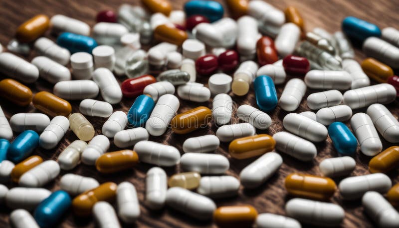 A Pile of Different Colored Pills on a Table Stock Illustration ...