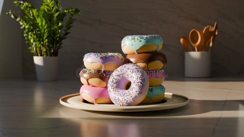 Pile of Different Donuts on a Plate in a Morning Light, 3D Animation ...