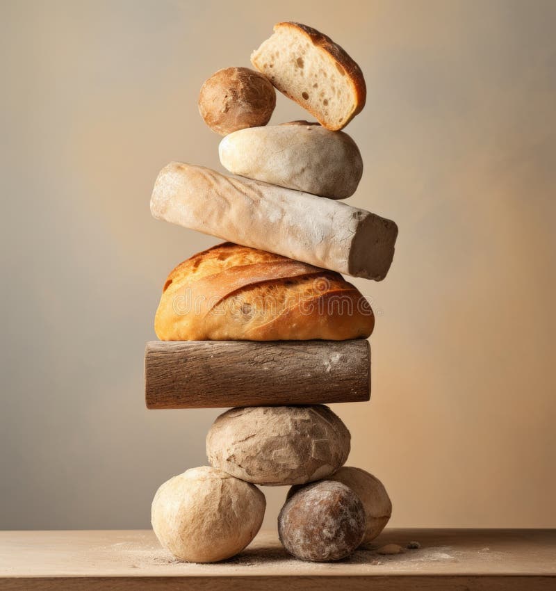 Pile of Different Loaves of Fresh Bread with Crispy Crust on Wooden ...