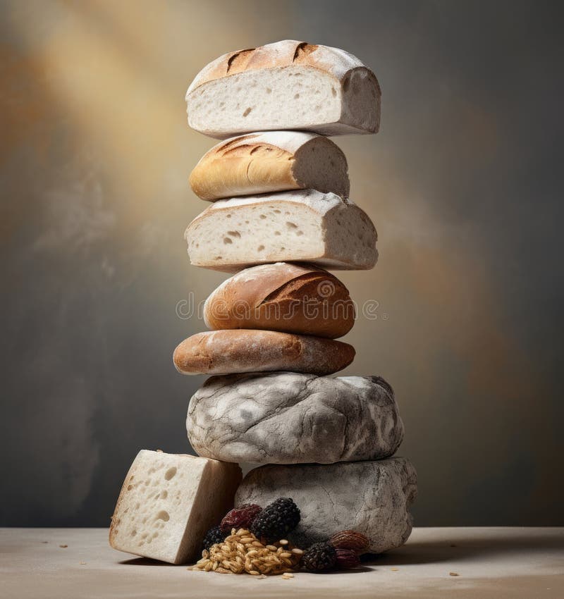 Pile of Different Loaves of Fresh Bread with Crispy Crust on Wooden ...