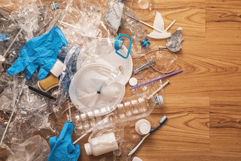 Pile of Different Plastic Waste on Wooden Surface Stock Photo - Image ...