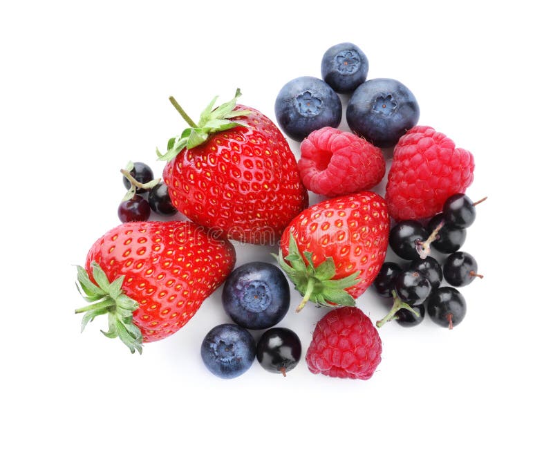 Pile of Different Ripe Tasty Berries on White, Top View Stock Photo ...