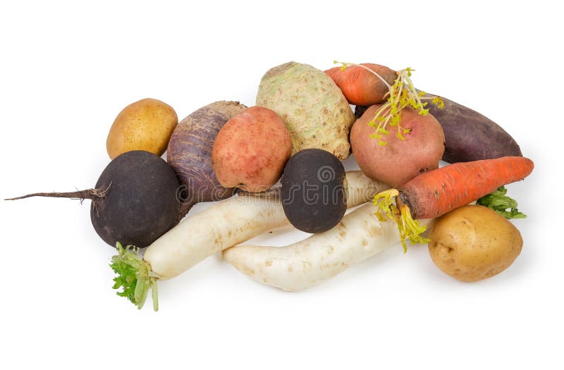 Pile of Different Uncooked Root Vegetables on a White Background Stock ...