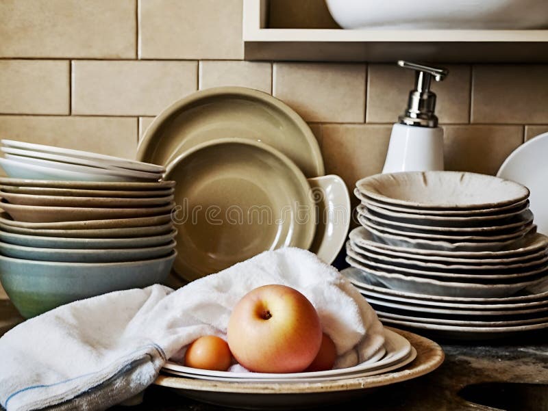 A Pile of Dirty Dish on the Table Stock Illustration - Illustration of ...