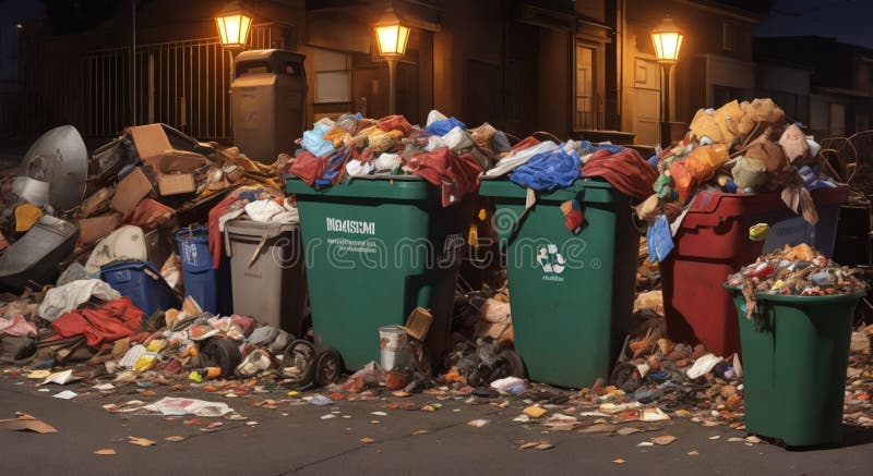 A Pile of Discarded Items Overflowing from a Rusty Garbage Can ...