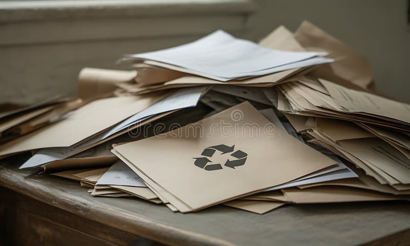 Pile of Discarded Paper with Recycle Symbol on a Brown Envelope Stock ...