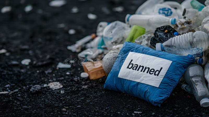 Pile of Discarded Single-Use Plastic Waste with Prominent Banned Sign ...