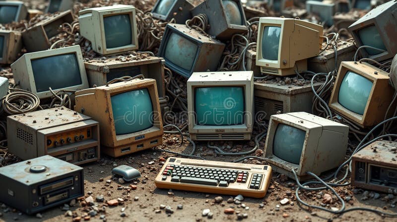 Pile of Discarded Vintage Electronics in Outdoor Junkyard Stock ...