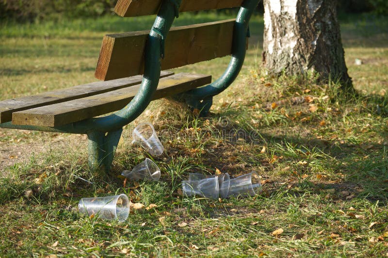 Pile of Disposable Cups Alongside a Wooden Bench Stock Image - Image of ...