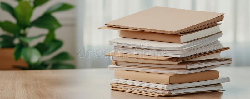 A Pile of Documents and Files are Placed on a Wooden Table with a Green ...