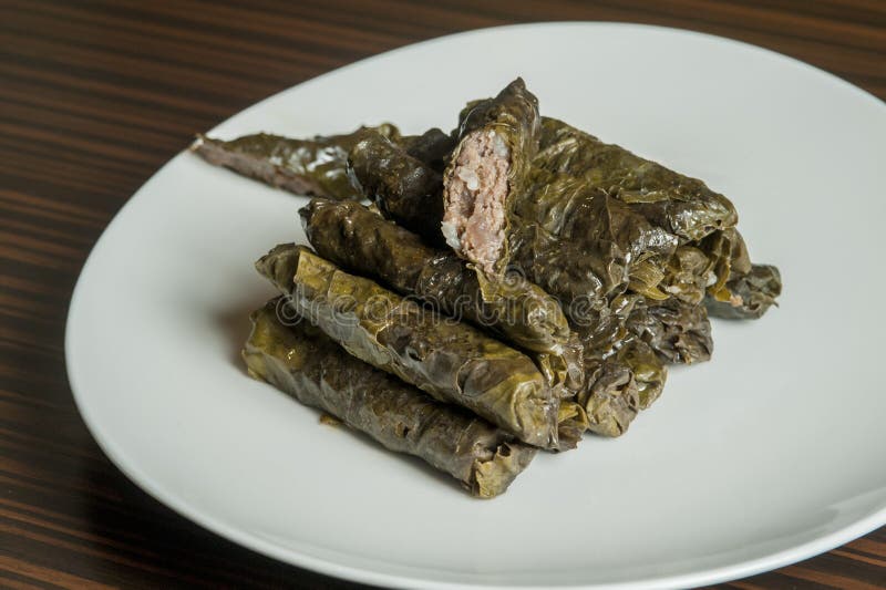 Dolma - Stuffed Grape Leaves with Minced Meat Stock Photo - Image of ...