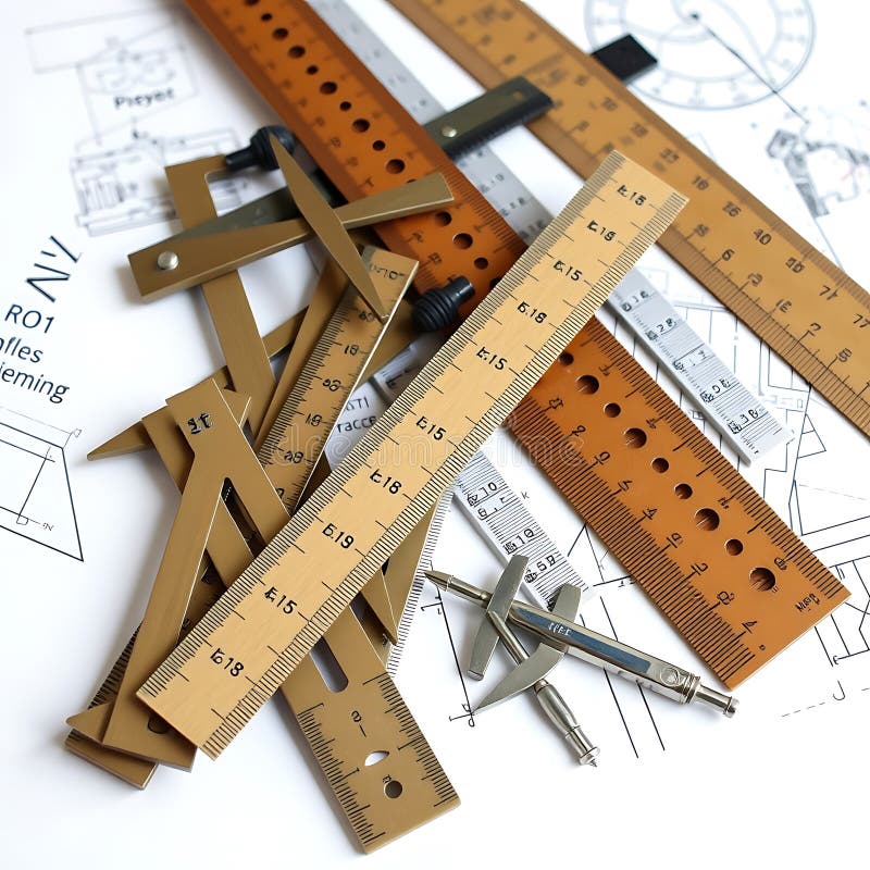 A Pile of Drafting Tools Including Rulers T Squares and Set Squares ...
